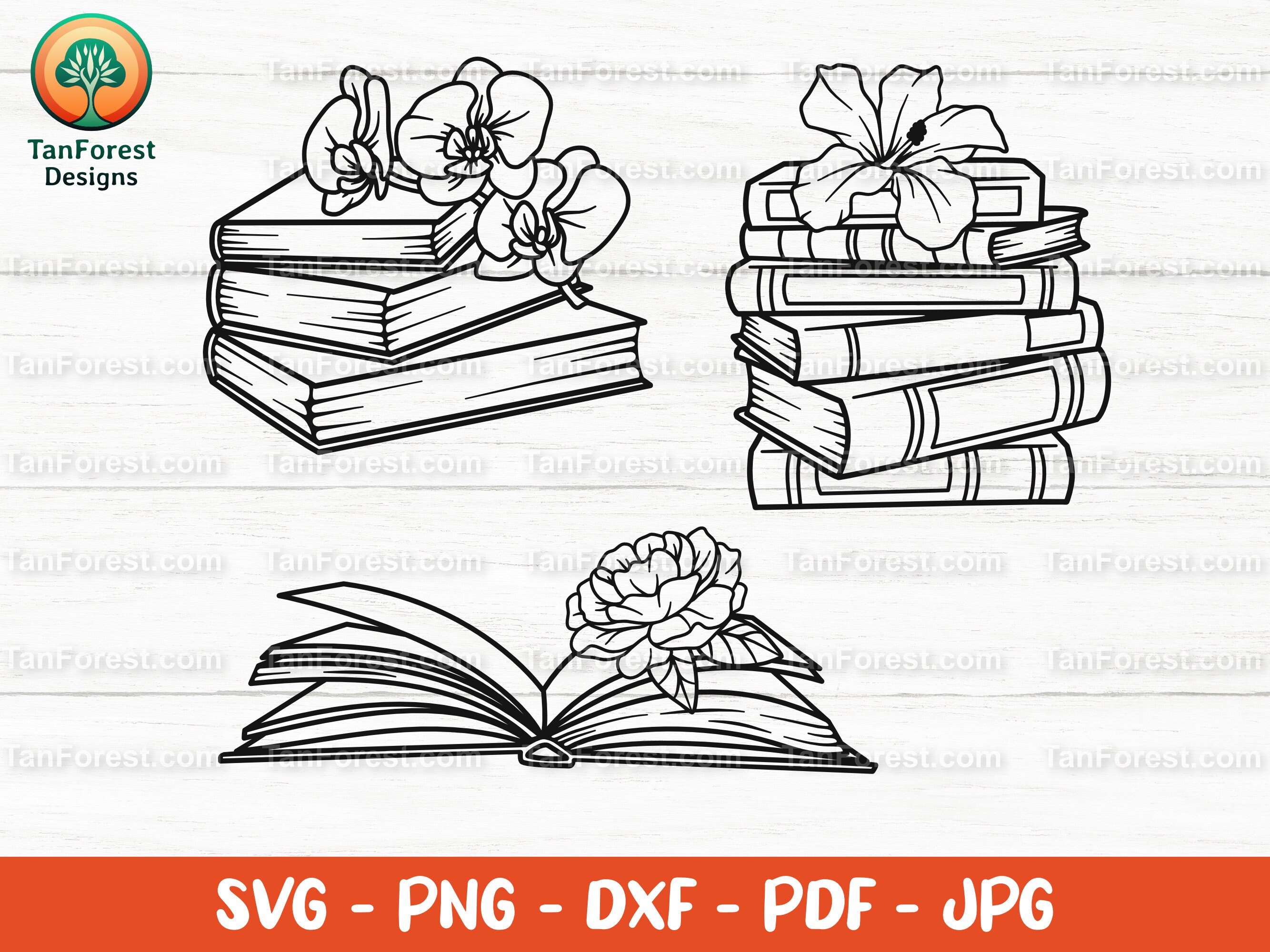 Books SVG Outline, Book Stack Svg, Reading Svg, Book Clipart, Floral ...