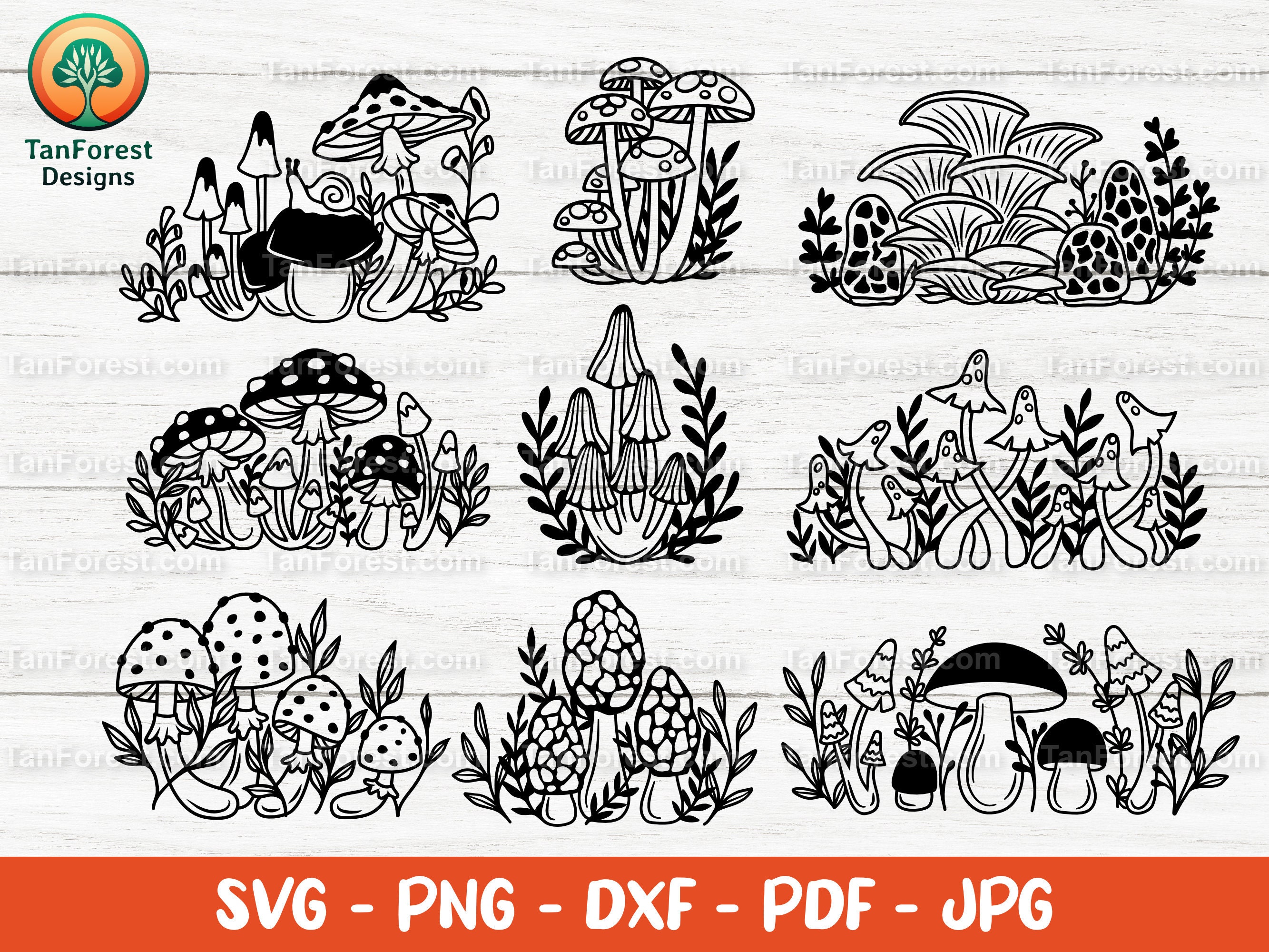 Mushroom SVG Bundle Outline. Mushroom Clipart. Fungus Row Svg. Floral ...