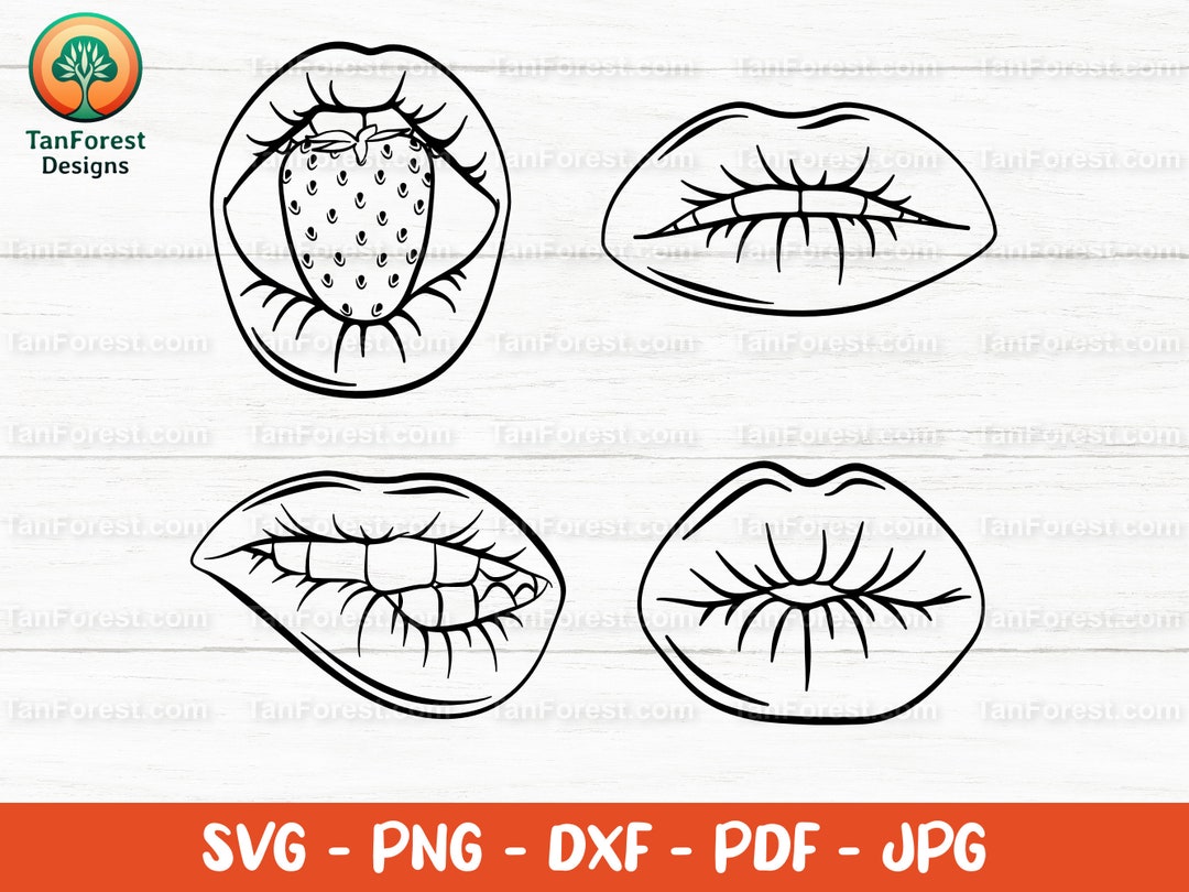 Lips Outline SVG, Biting Lips Svg, Mouth With Strawberry Svg, Kiss Svg ...