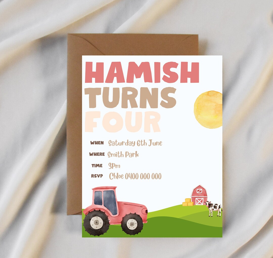 Farm Themed Invitation, Tractor Child's Party Invite, 4th Birthday ...