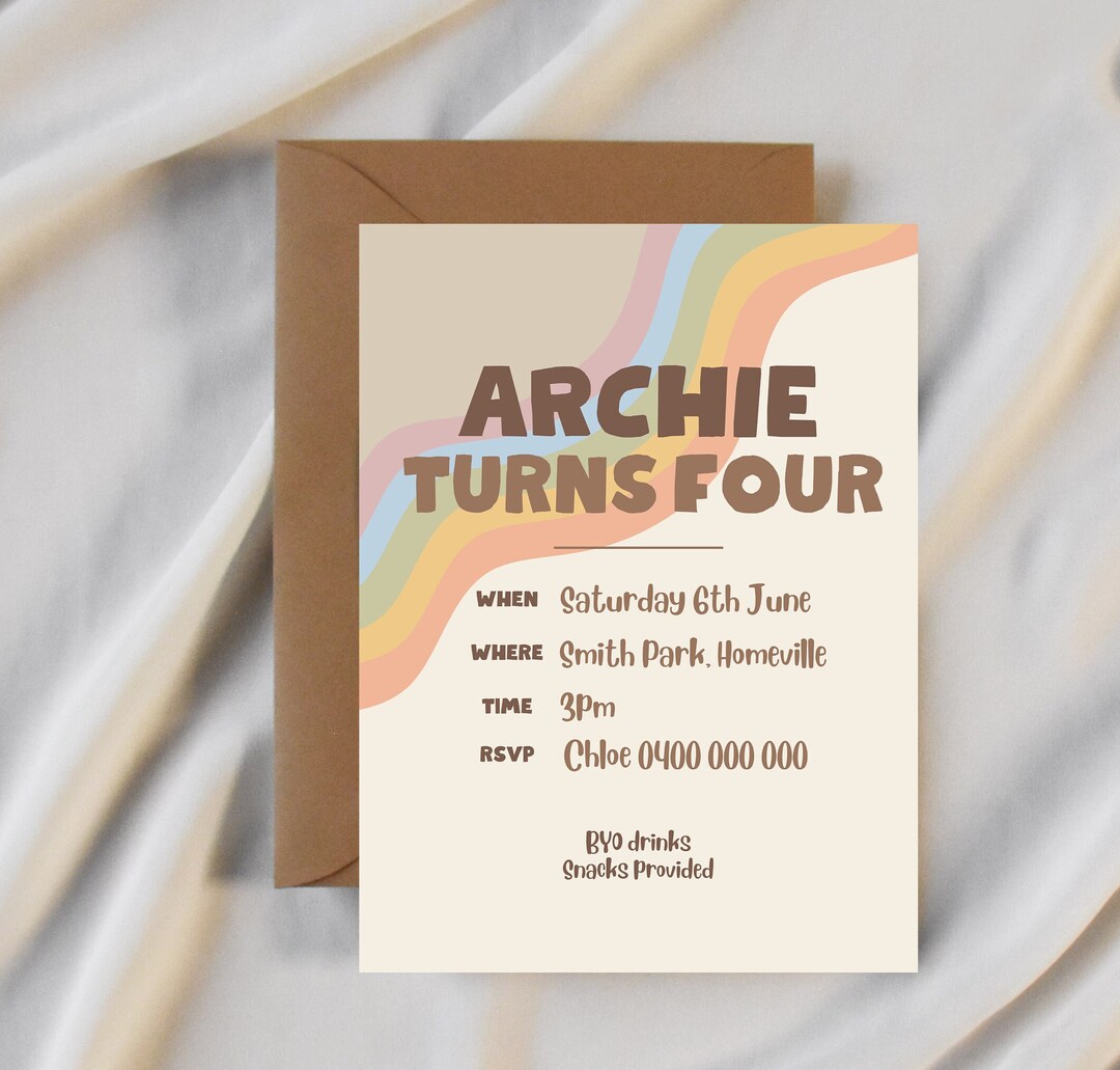 Colorful 4th Birthday Invitation - Cute Toddler Party Invite ...