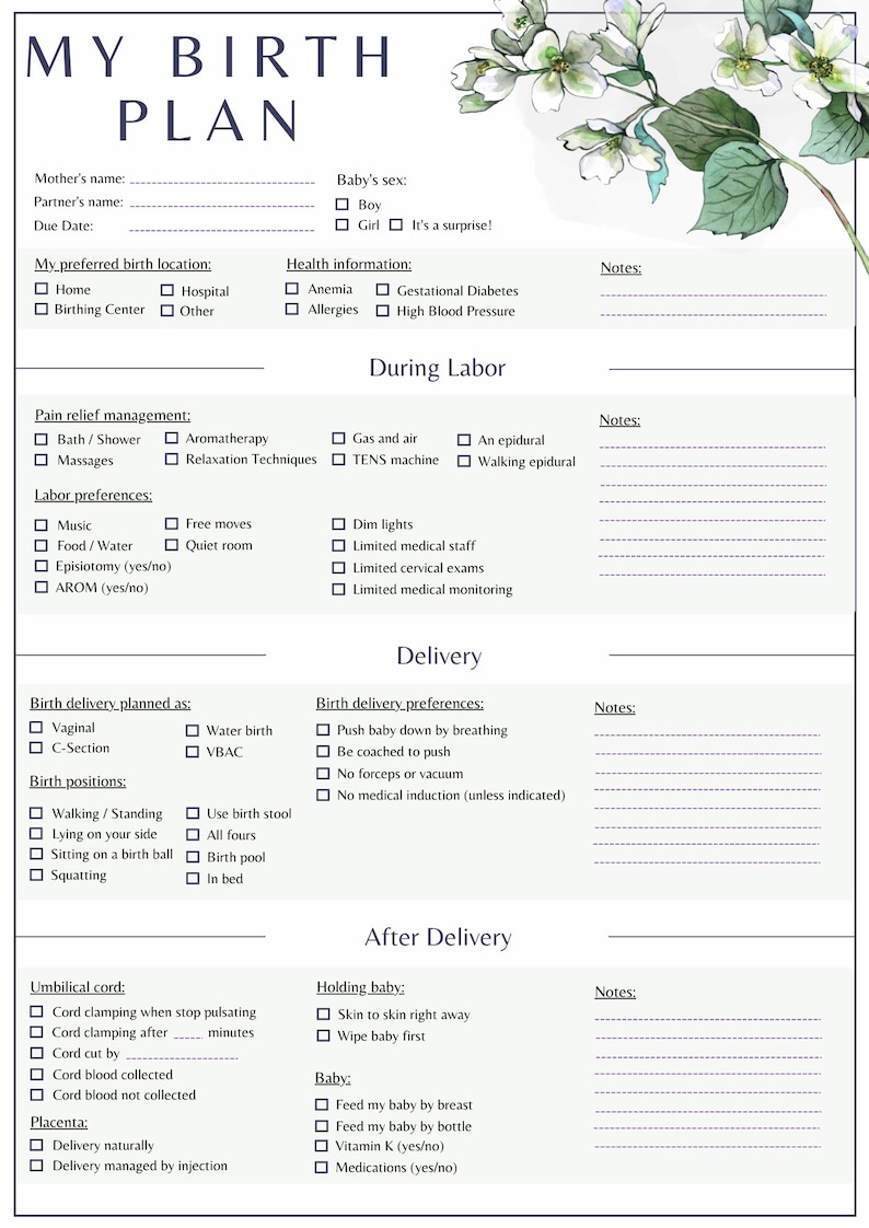 Birth Preferences Checklist | Printable + Editable | Doula Birth Plan ...