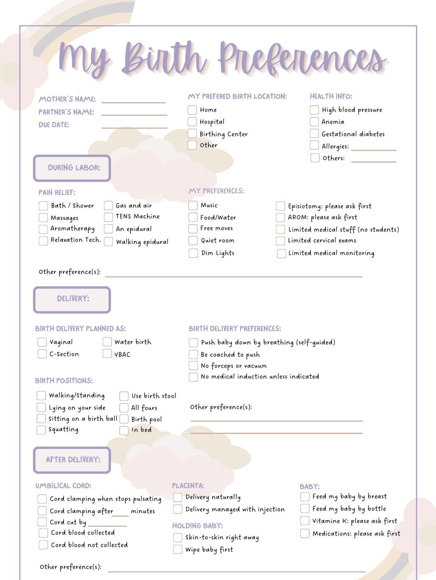 Birth Preferences Checklist | Printable + Editable | Doula Birth Plan ...