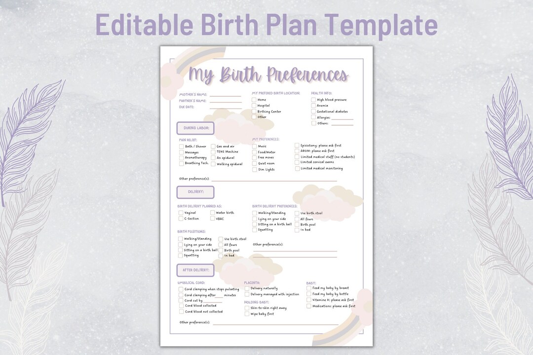 Birth Preferences Checklist | Printable + Editable | Doula Birth Plan ...