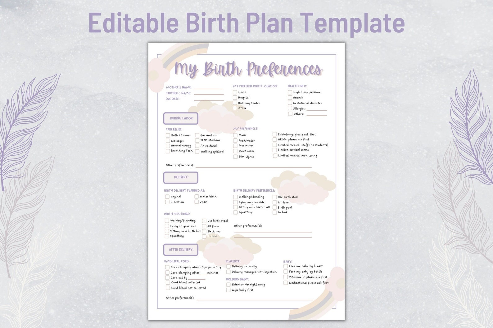 Birth Preferences Checklist Printable Editable Doula Birth Plan ...