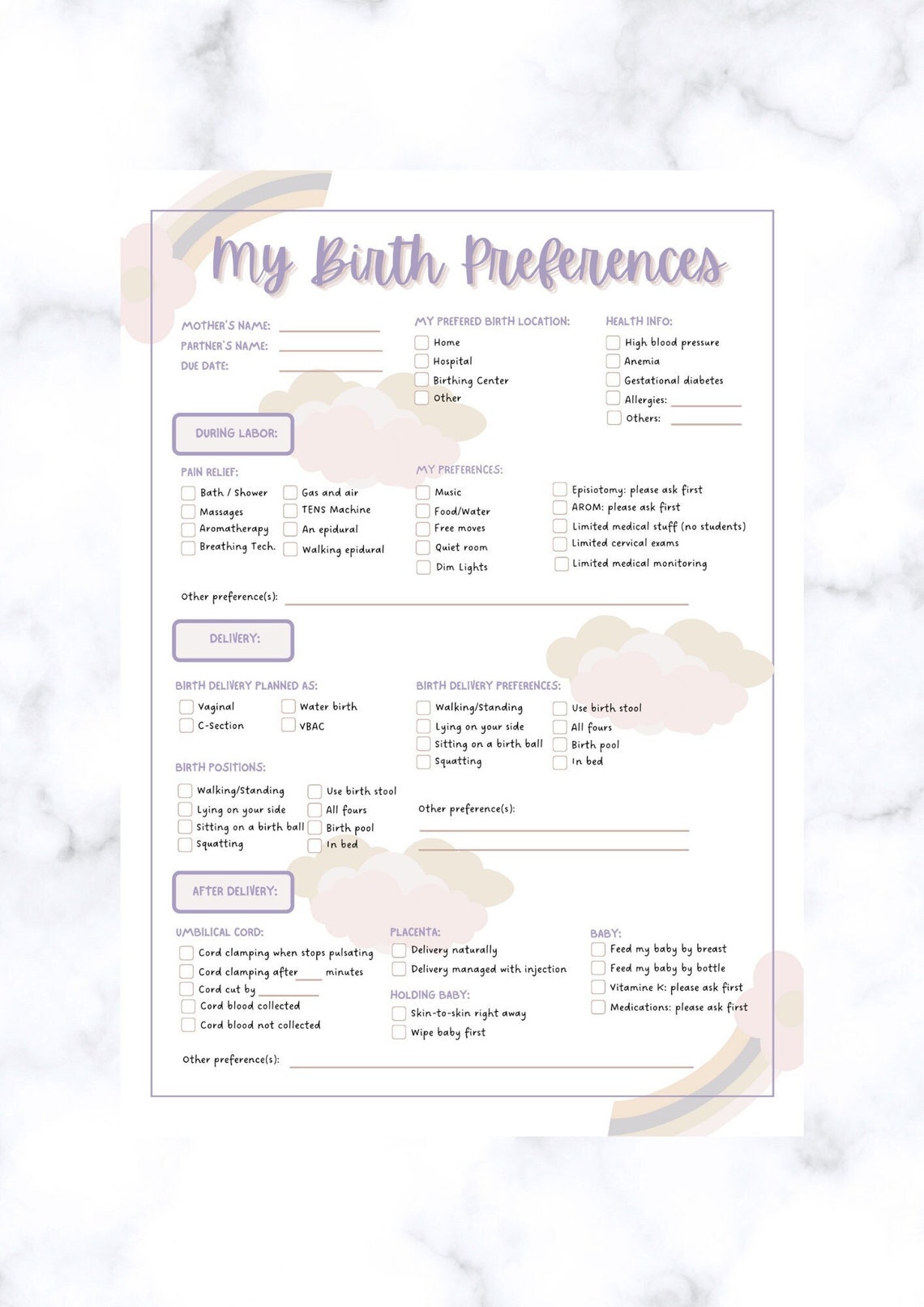 Birth Preferences Checklist Printable Editable Doula - Etsy