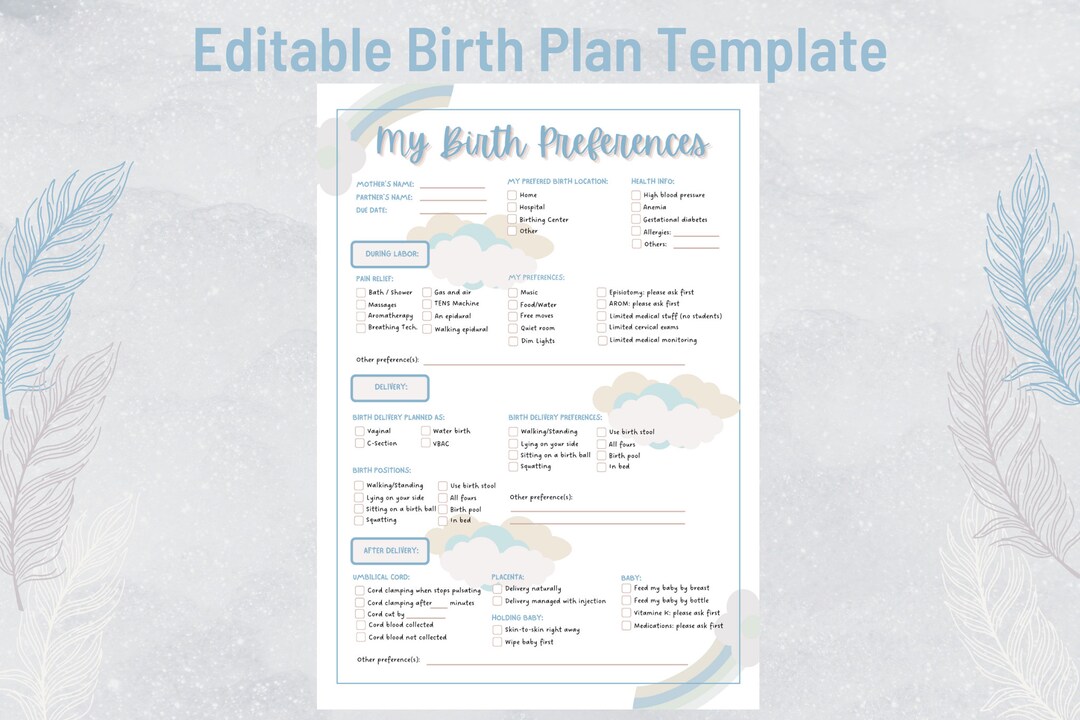 Birth Preferences Checklist | Printable + Editable | Doula Birth Plan ...