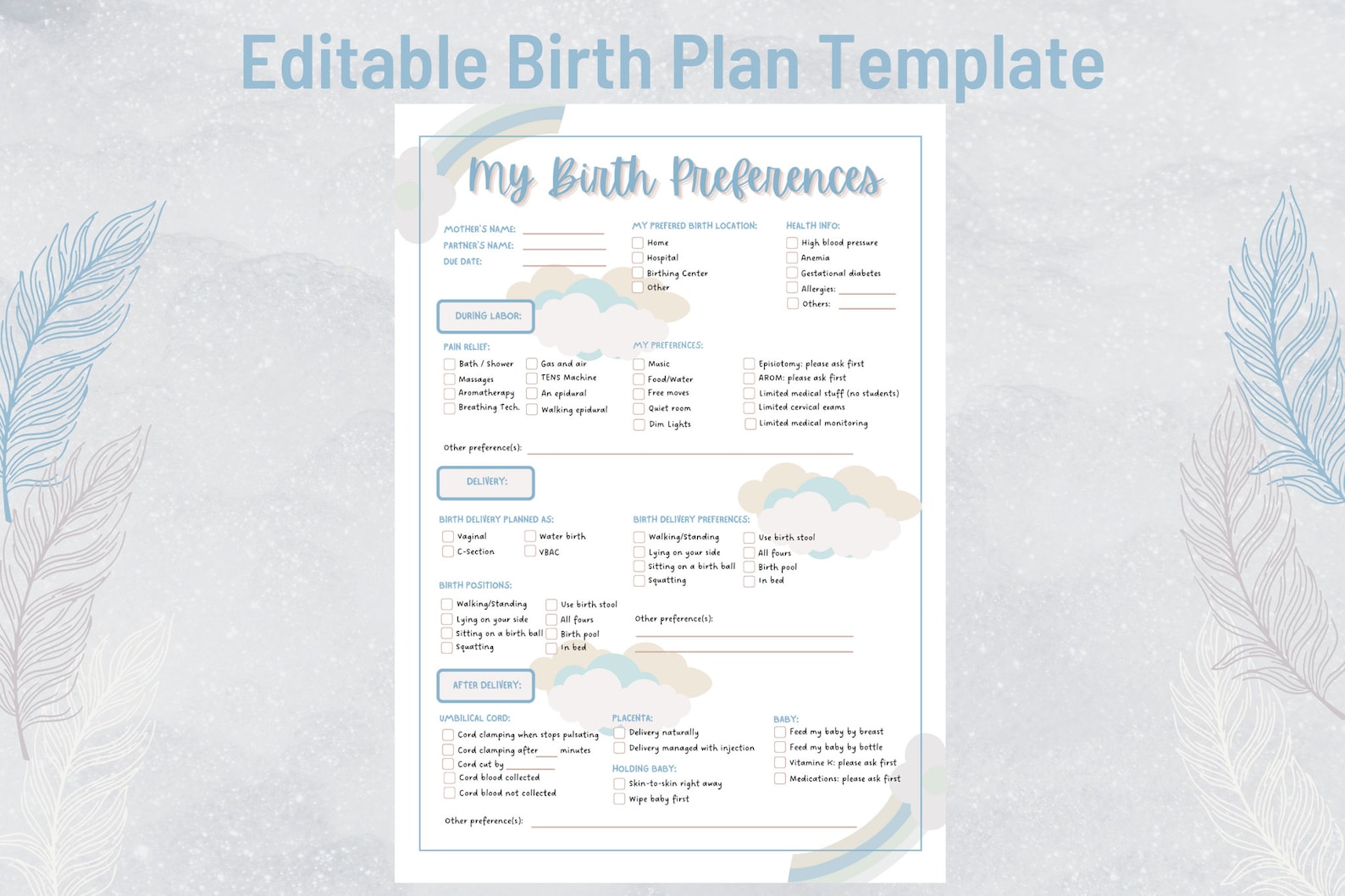 Birth Preferences Checklist | Printable + Editable | Doula Birth Plan ...