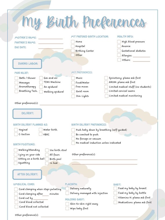 Birth Preferences Checklist Printable Editable Doula - Etsy
