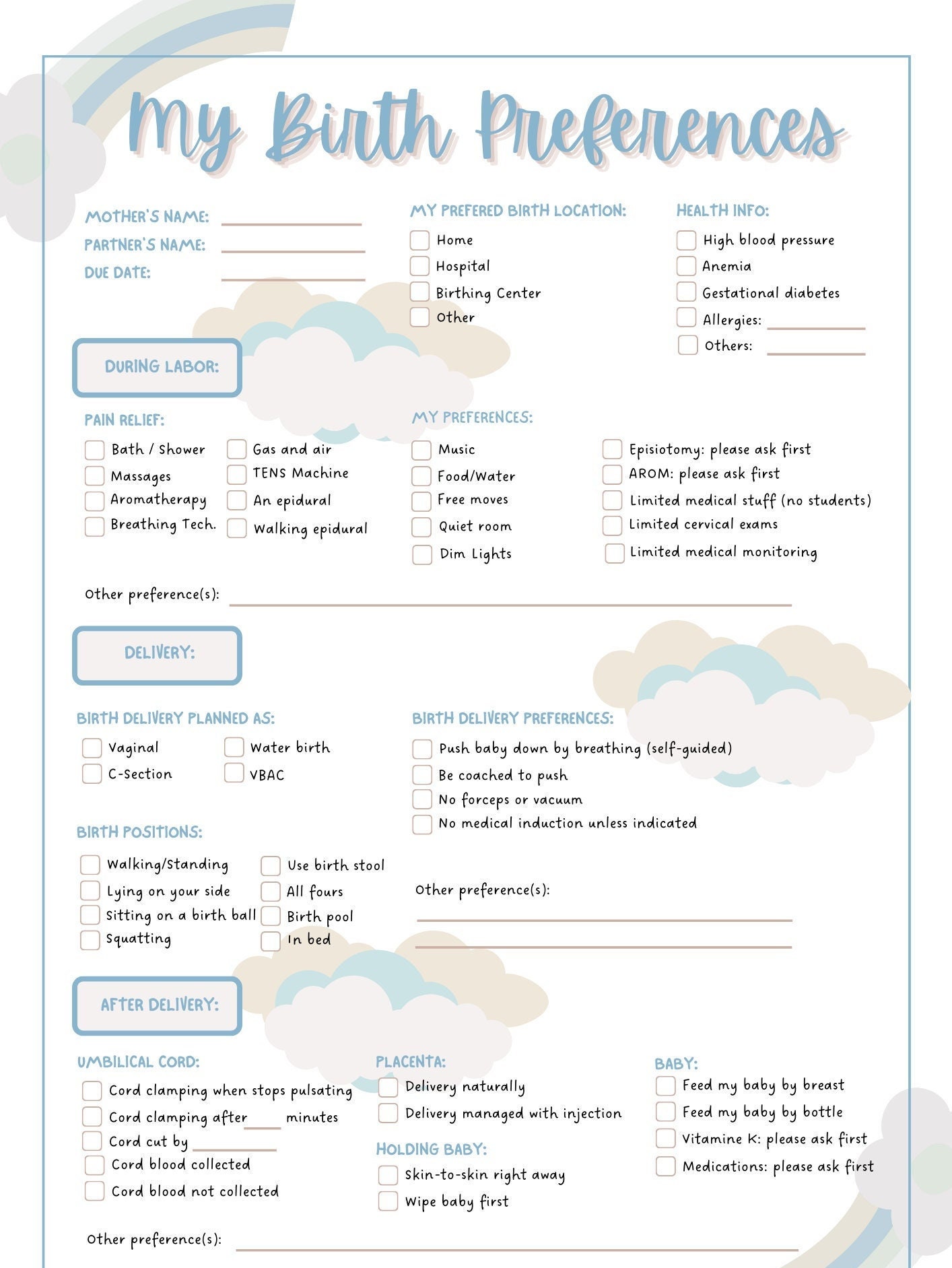 Birth Preferences Checklist | Printable + Editable | Doula Birth Plan ...