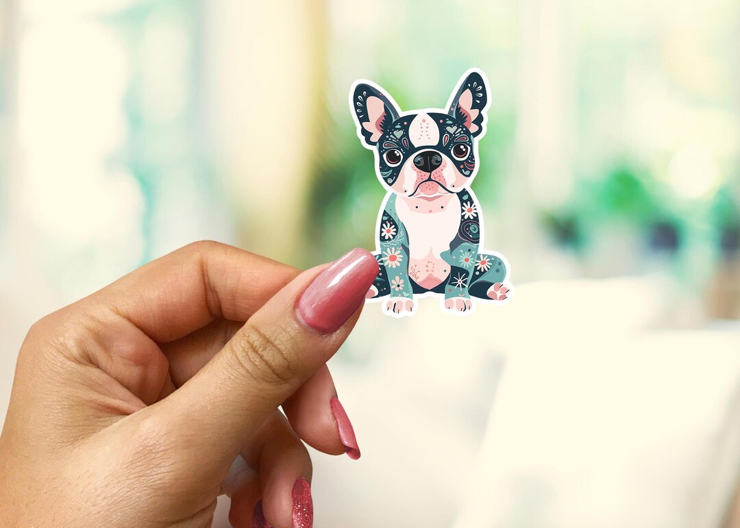 Boho Boston Terrier Sticker, Large Waterproof Sticker, Boston Terrier ...