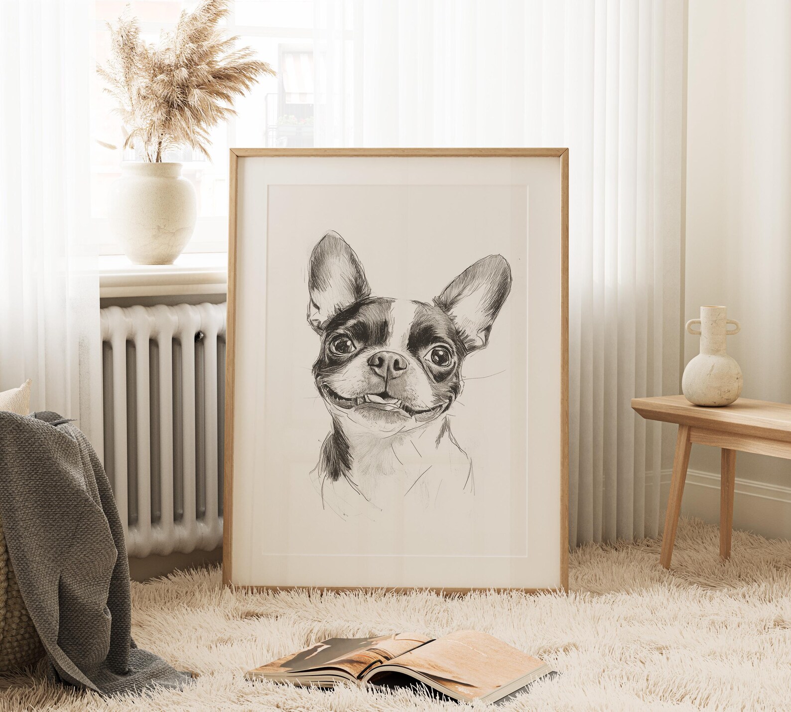 Boston Terrier Smiling Art Print, Dog Sketch, Black and White Pet Decor ...