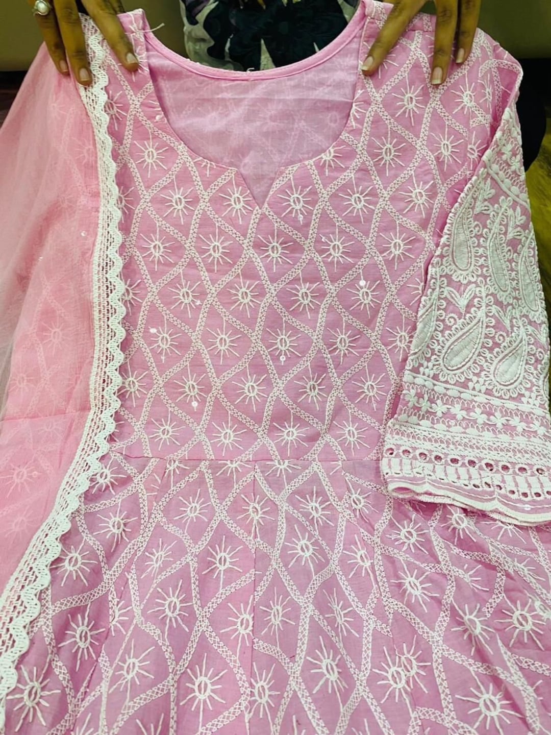 Pink Color Chikankari Sequence Work Pure Cotton Anarkali Long Gown With ...
