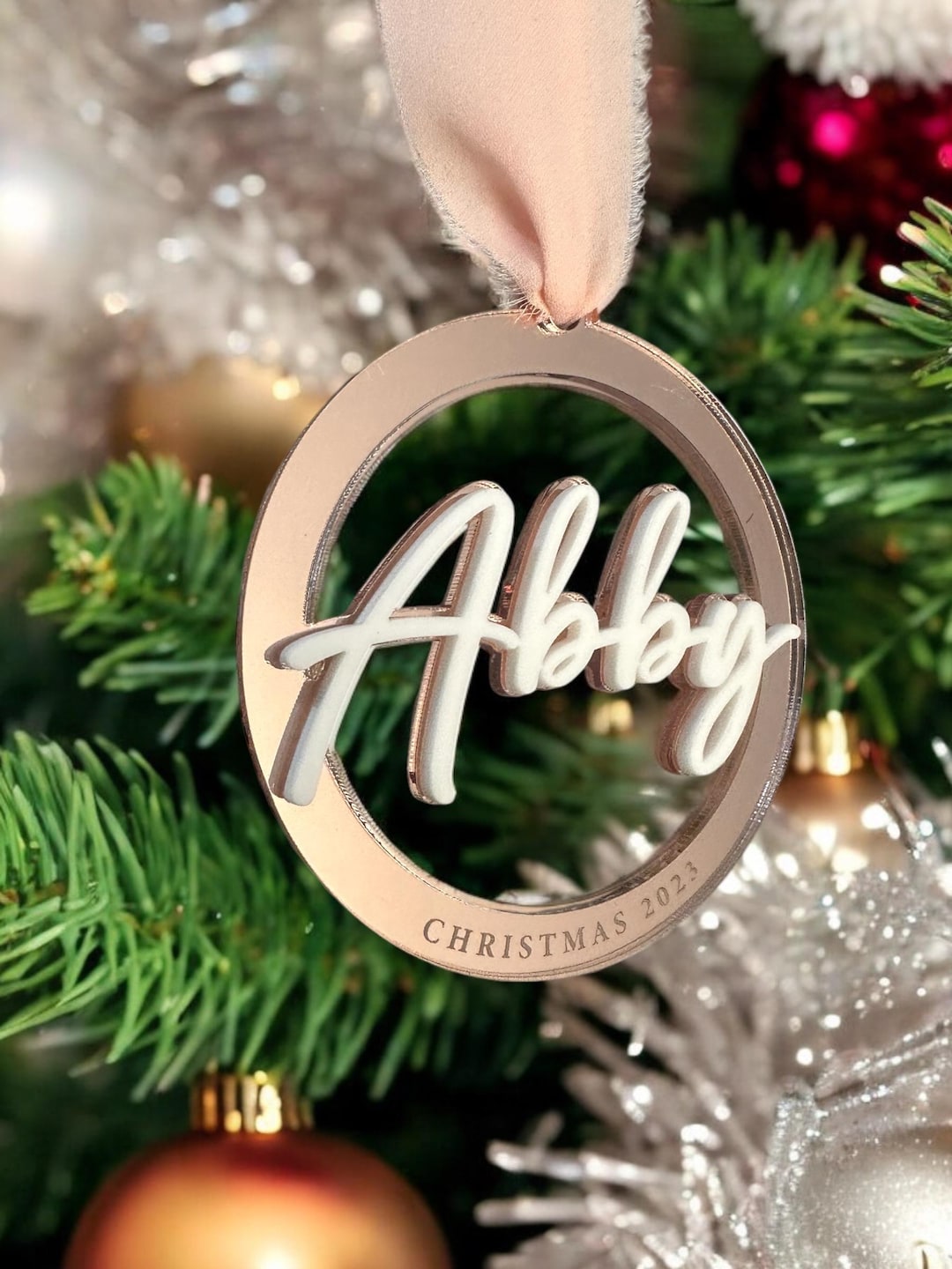 Acrylic Name Bauble With Engraved Text, Personalised Christmas Ornament ...