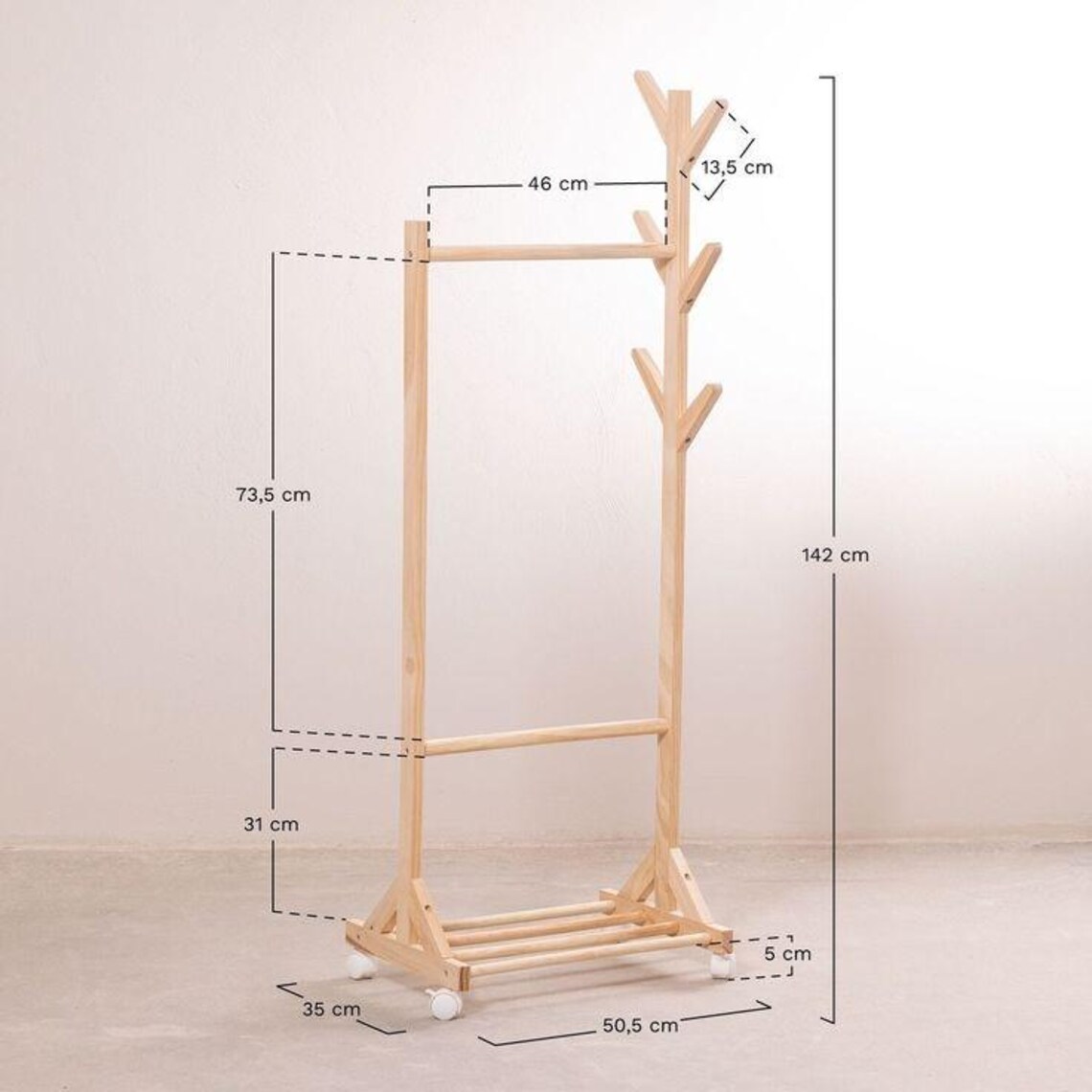 Standing Wooden Coat Rack on Wheels, Mobile Garment Hanger for Kids ...