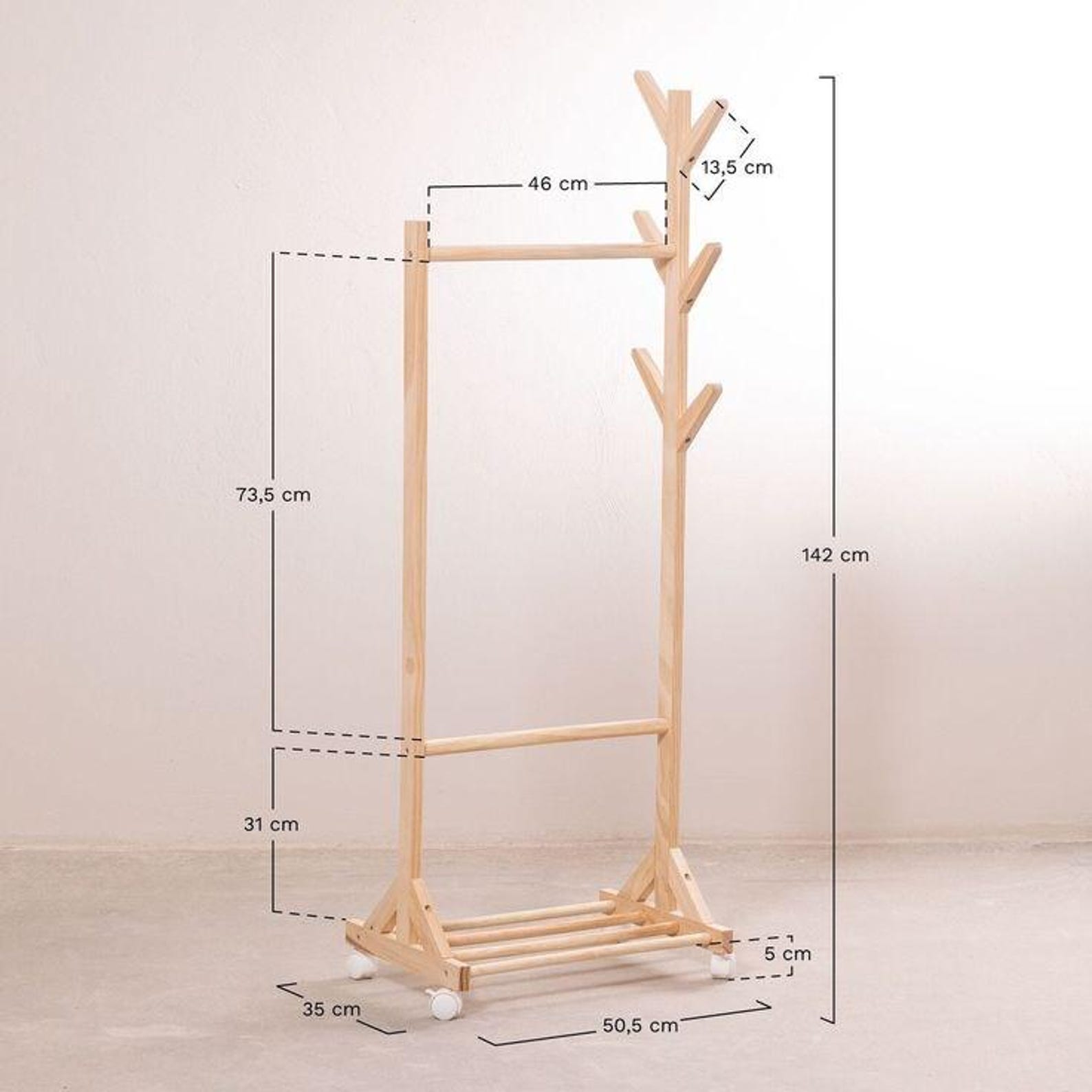 Standing Wooden Coat Rack on Wheels, Mobile Garment Hanger for Kids ...