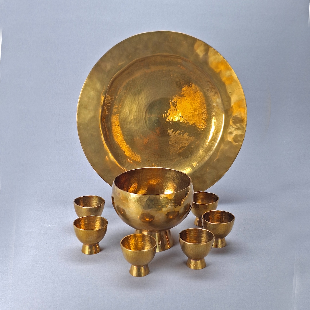 Vintage Handcrafted Hammered Brass Punch Bowl Set With Tray, and 6 Cup ...