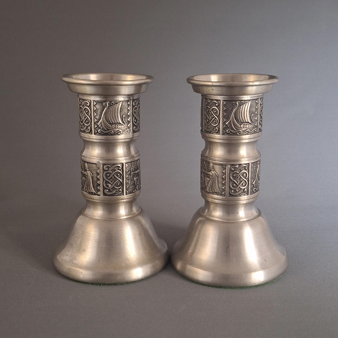 Norwegian Pewter Viking Candle Holders, Hagnæs Pewter, Nordic Engraved ...