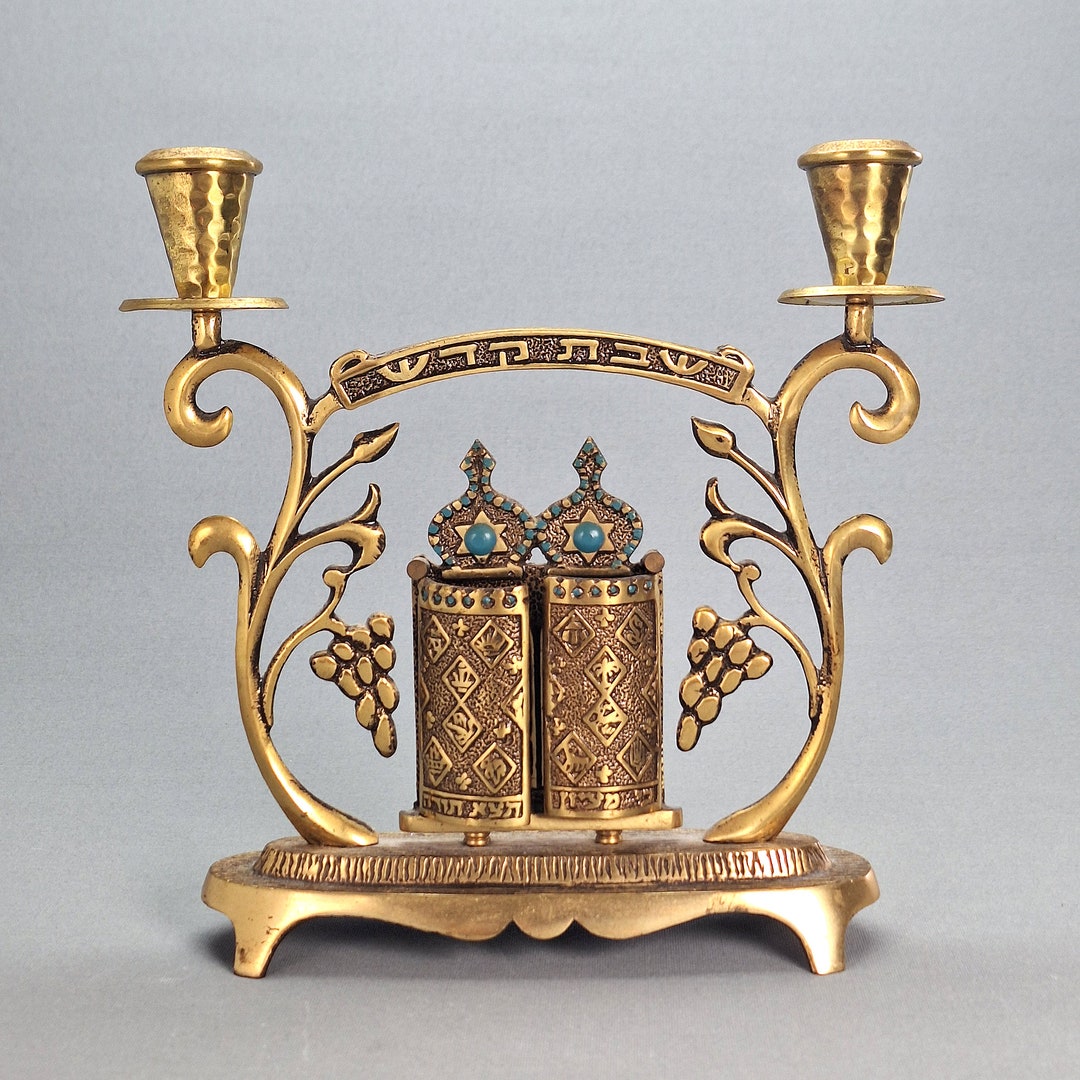 Vintage Judaica Solid Brass Candlestick From the 1950s Enamel Ten ...