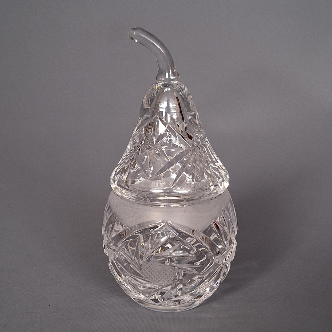 Hand Cut Crystal Lidded Jar, Vintage Pear Shaped Container, Clear Glass ...