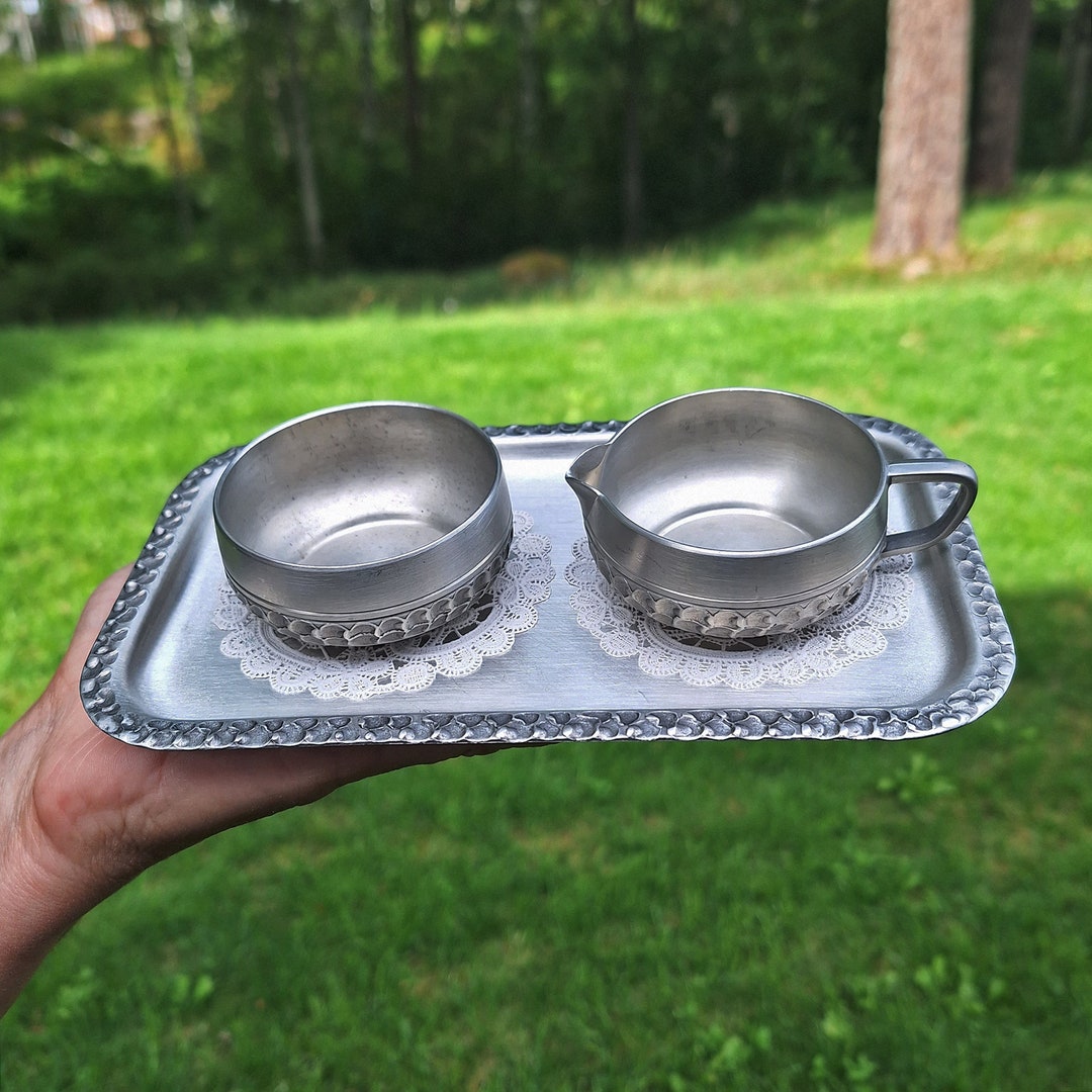 Vintage Norwegian Pewter Tray Set With Cream Jug and Sugar Bowl ...