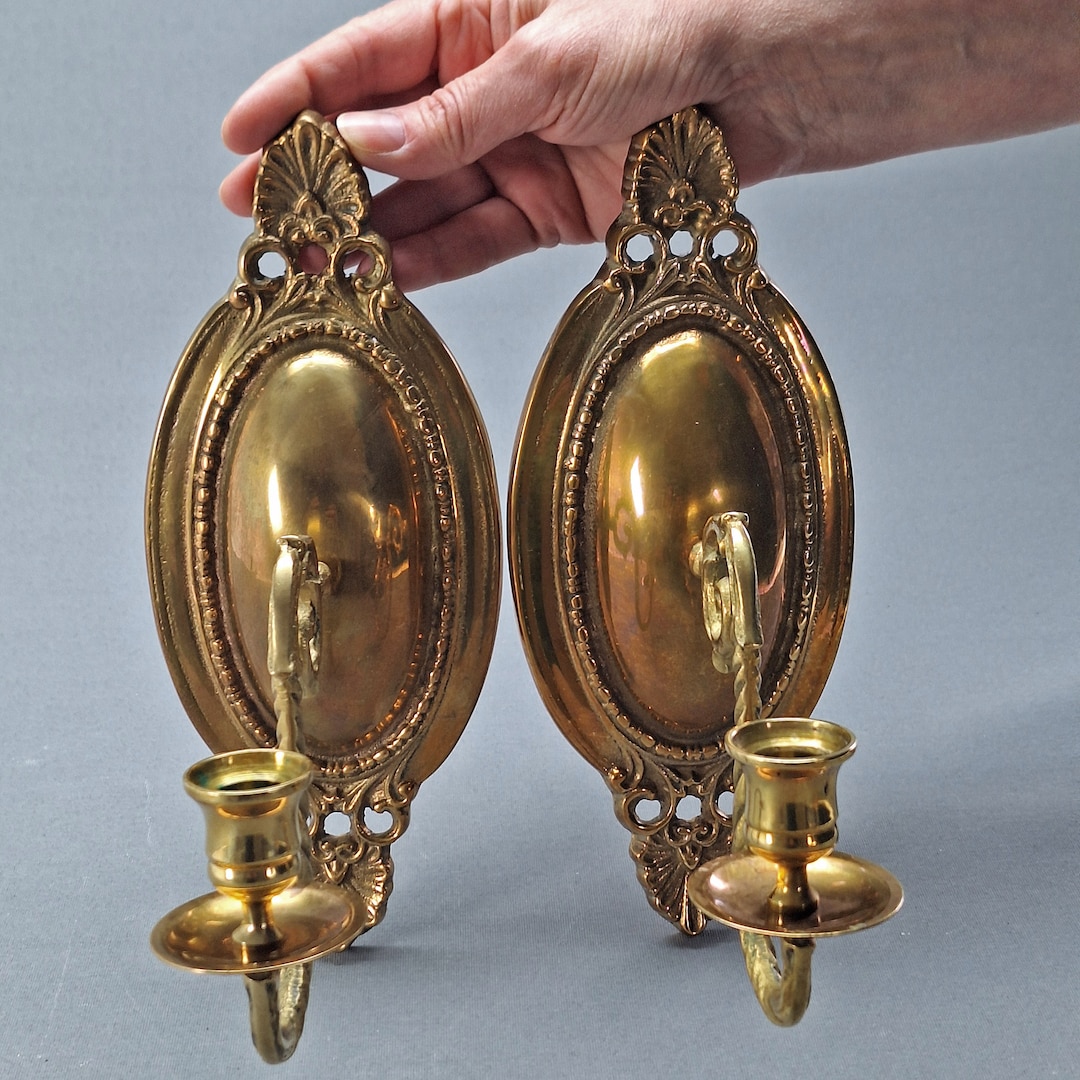 Vintage Pair of Art Deco Brass Wall Sconces With Golden Embossed ...