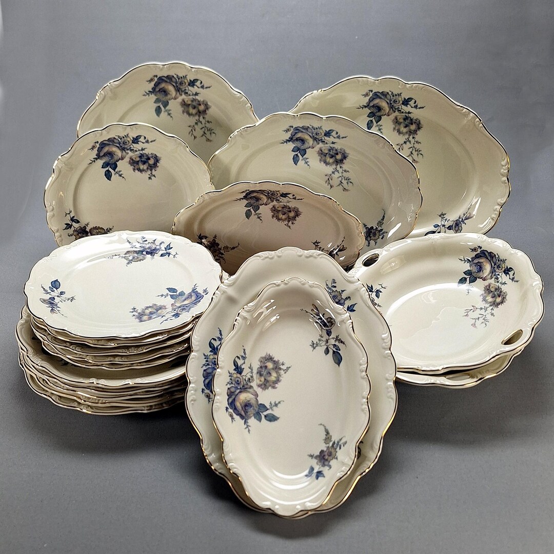 Antique Rosenthal Pompadour Porcelain Dinnerware Set, Blue Floral, Gold ...