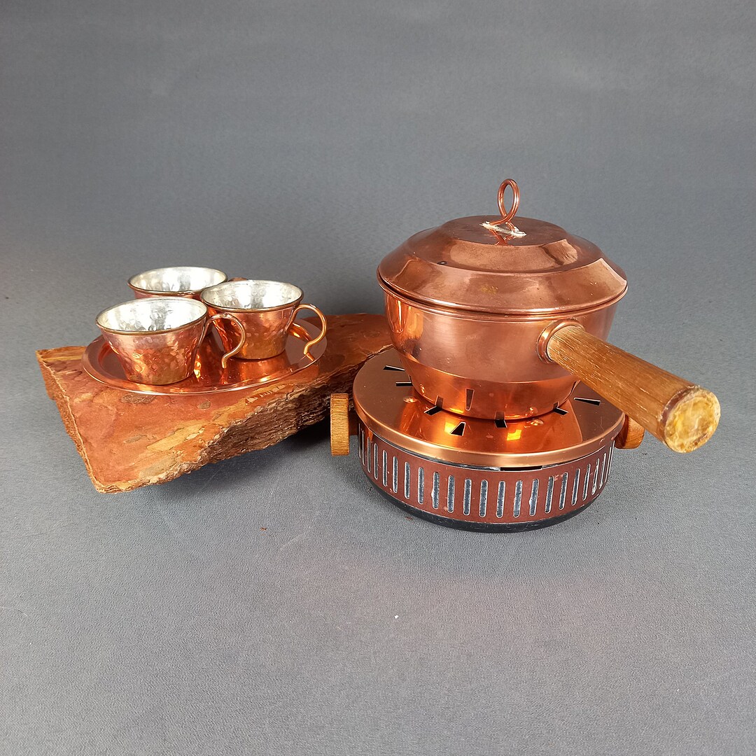 Vintage Punch Set Copper and Wood Handle Pot With Serving Tray and 3 ...