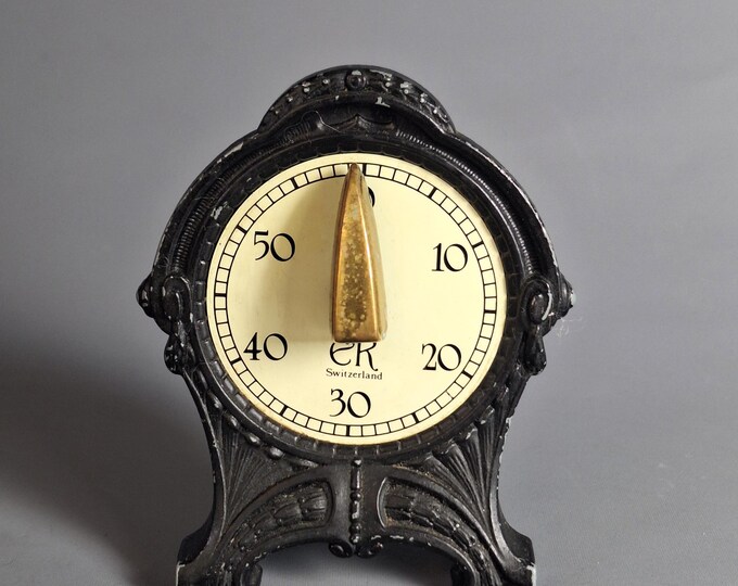 Vintage Swiss EK Mechanical Kitchen Timer – Ornate Black Metal & Gold ...