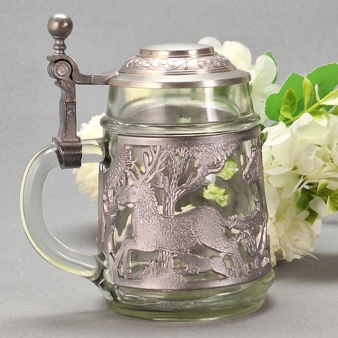 Vintage Zinn Pewter Glass Beer Stein, Stunning Stag Hunt Silver Overlay ...