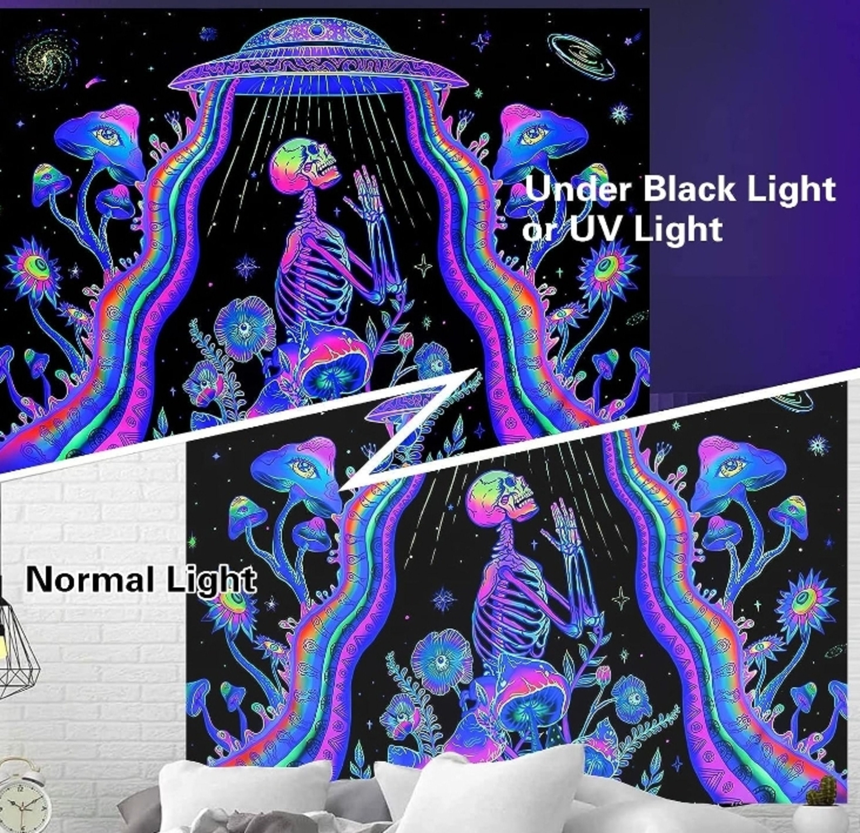 Blacklight UFO Tapestry Skull Tapestry UV Tapestry for Bedroom Mushroom ...