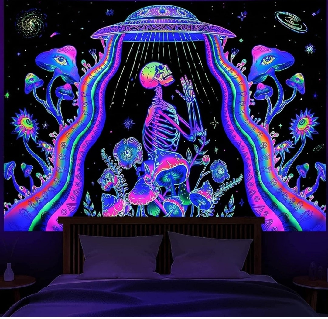 Blacklight UFO Tapestry Skull Tapestry UV Tapestry for Bedroom Mushroom ...