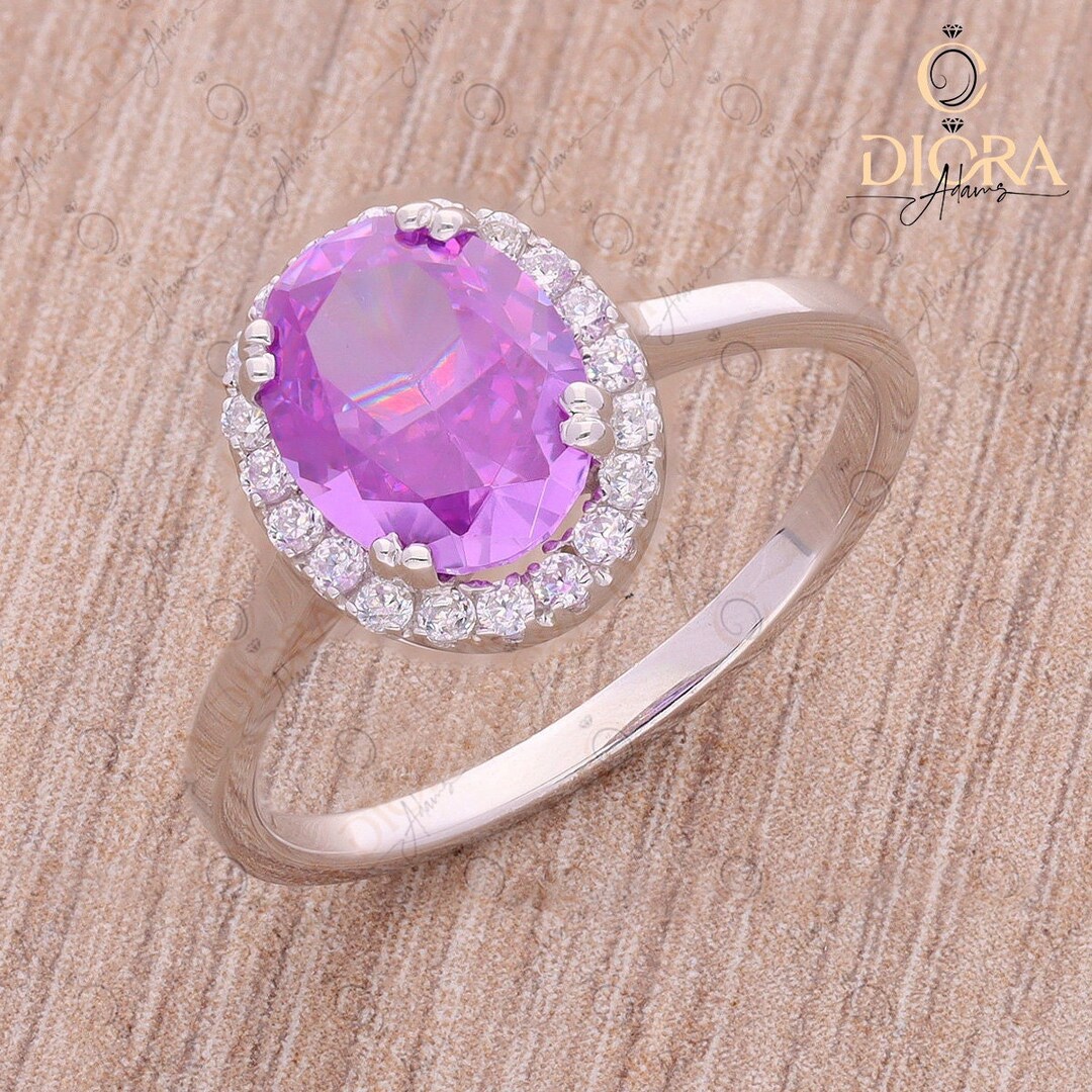Oval Cut Purple Color Stone 4.07ct 9x7mm Size Halo Engagement & Wedding ...