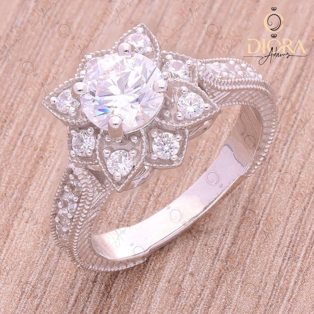 Flower Lotus Engagement Ring, 2.28ct Round White 7mm Center Stone ...