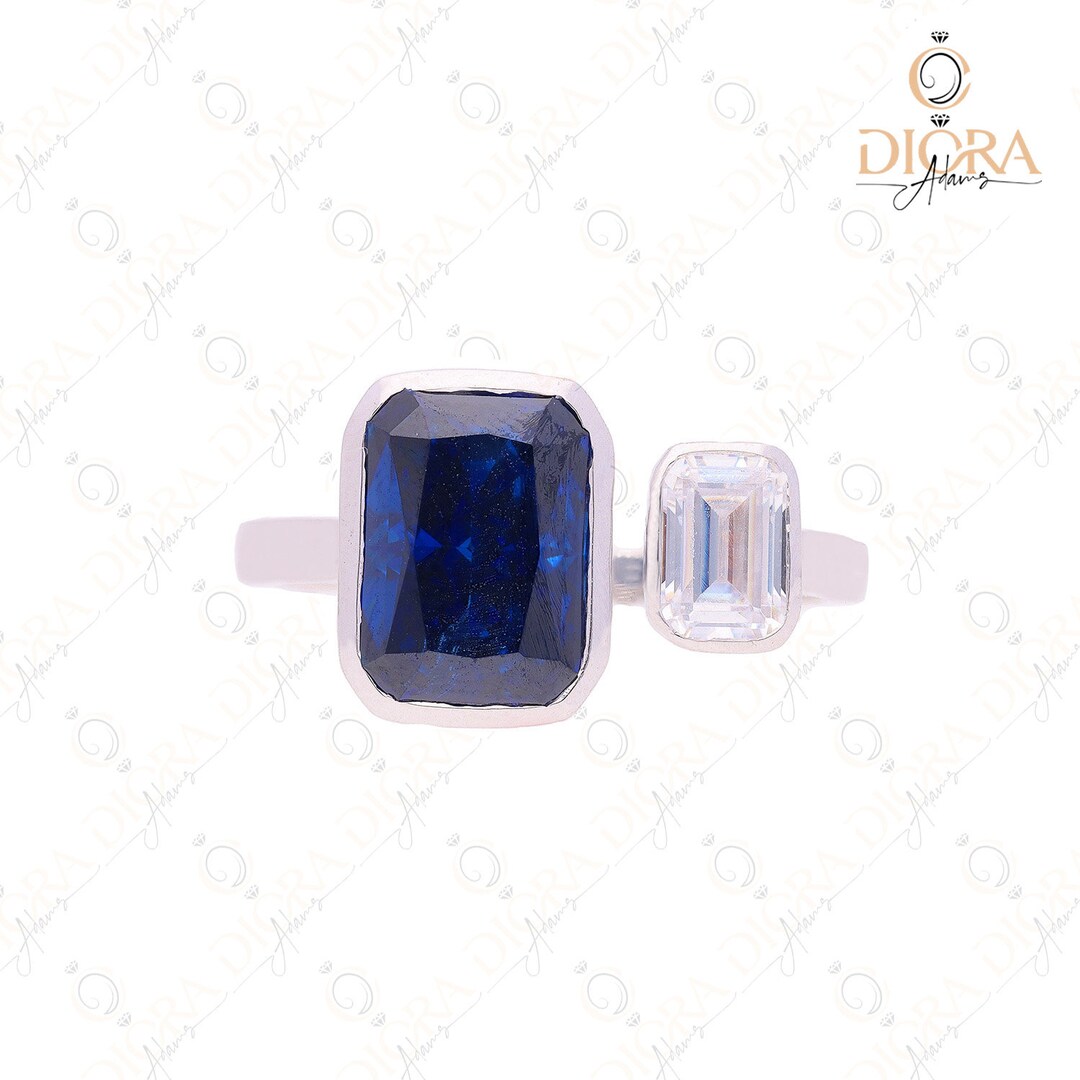 Two Stone Emerald Cut Open Ring, Center Stone Royal Blue 5.03ct, 925 ...