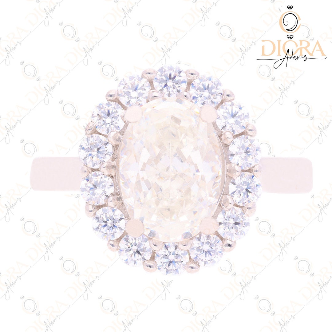Halo Engagement Ring, 925 Sterling Silver, Oval Pale White Cubic ...