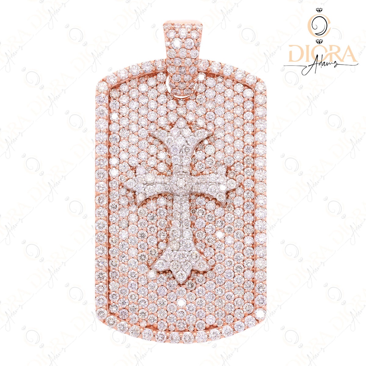 Solid Rose and White Gold, Cross Rectangle Frame Pendant, Iced Out Pave ...