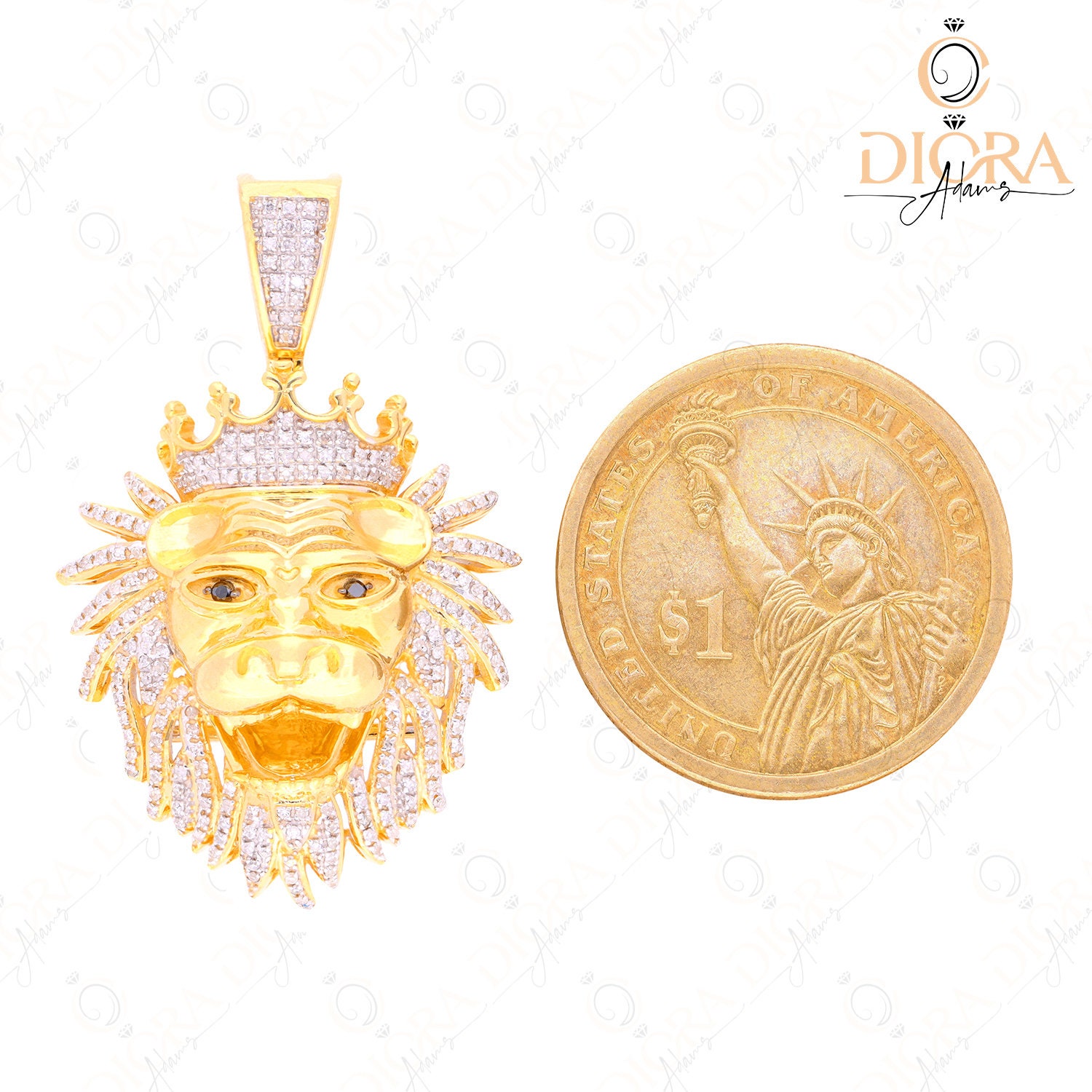 10kt Gold Lion Face Pendant, Diamond Crowned Lion Head Necklace, King ...