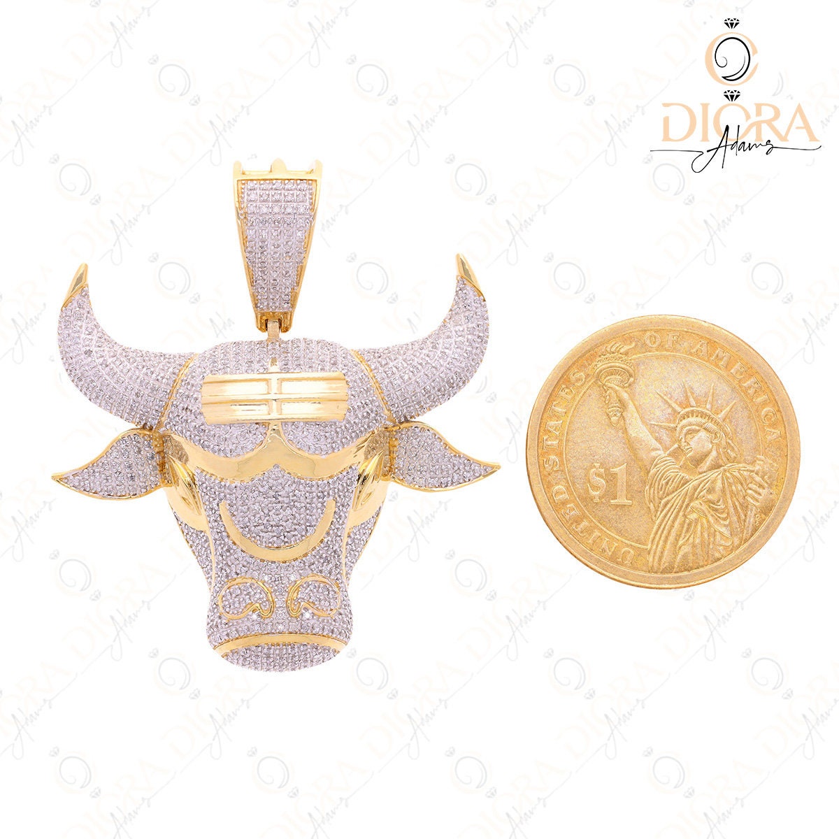 10kt Yellow Solid Gold Bull Pendant, 1.45cts EGL Lab Certified Diamond ...