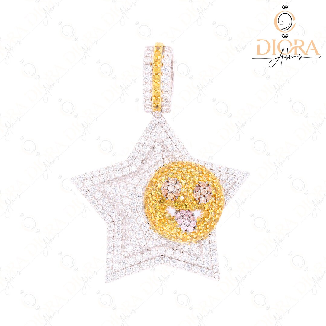 Sterling Silver Star With Smile Emoji Hip Hop Pendant • Two-tone White ...