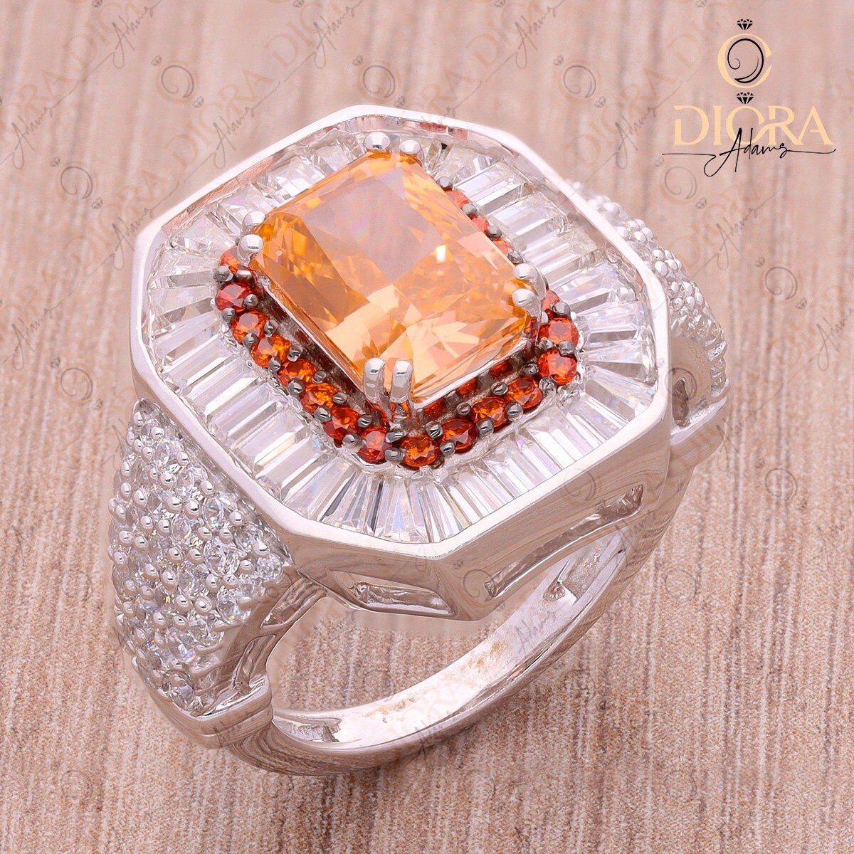 Emerald Cut Orange Stone 5.43ct Halo Baguette Engagement - Etsy