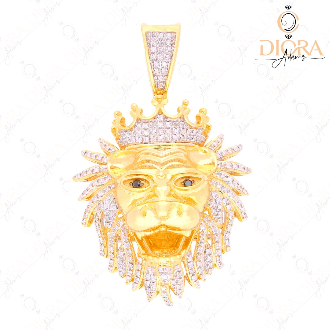 10kt Gold Lion Face Pendant, Diamond Crowned Lion Head Necklace, King ...