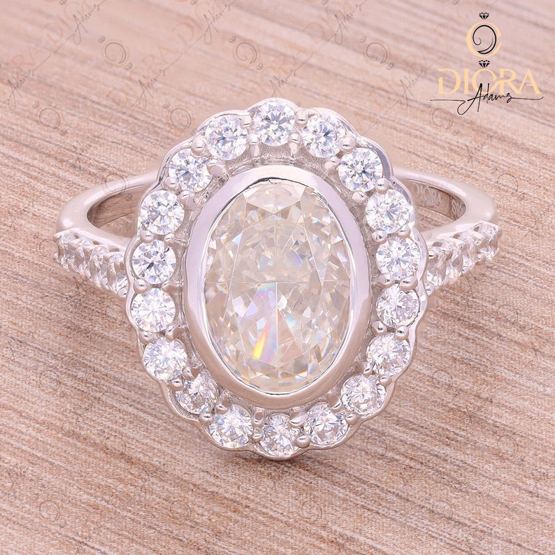 4.60cts White Oval Cut Bezel Set Halo Engagement Ring Shank With ...