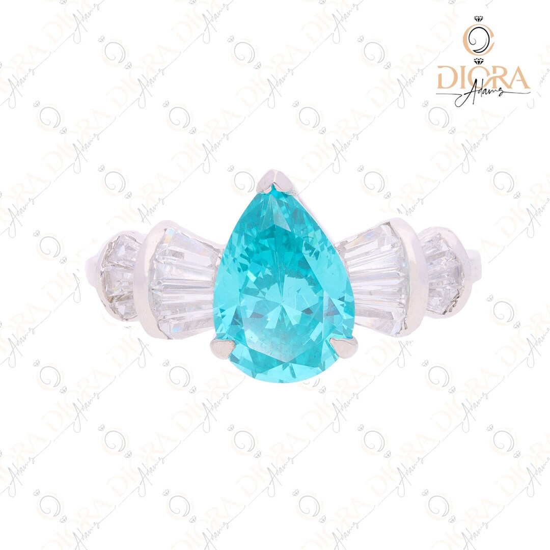 Unique Green Bluish Tear Drop Center Stone 3.07cts, Step Cut Baguette ...