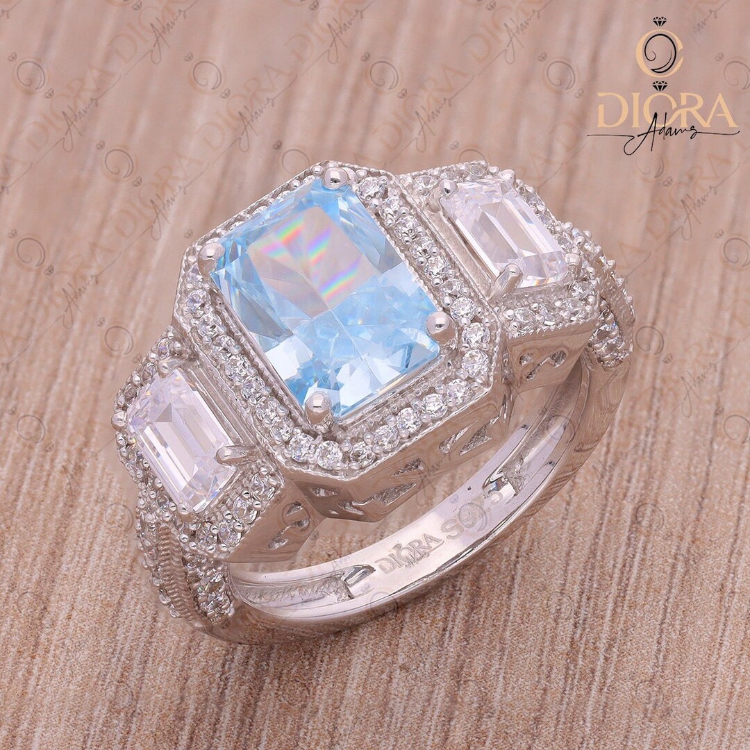 Three Stone Emerald Cut Engagement Ring, Wedding Ring, Light Aqua Stone ...