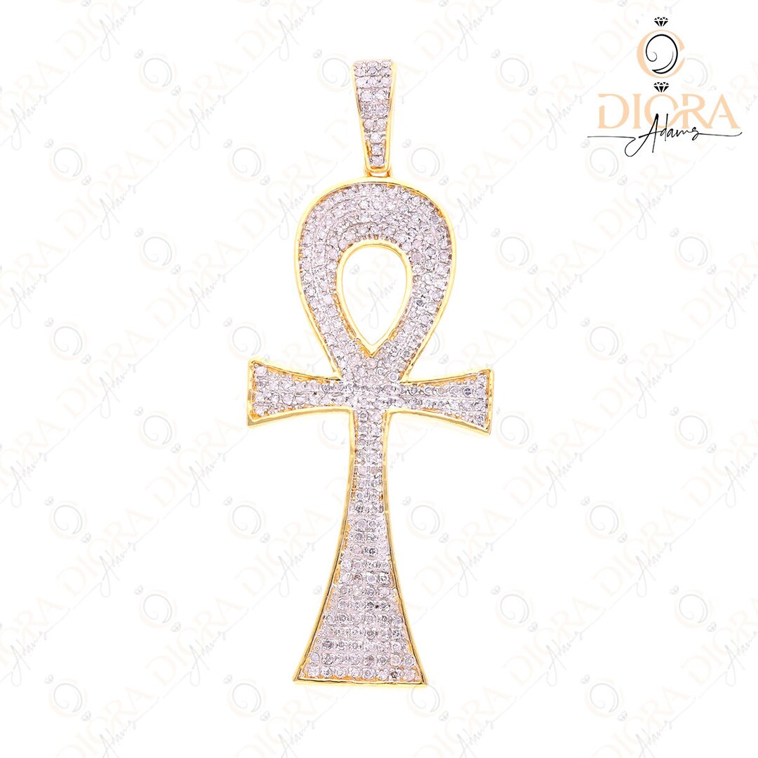 Solid Gold Ankh Cross Pendant - Studded With Real Diamond - Jesus Cross ...