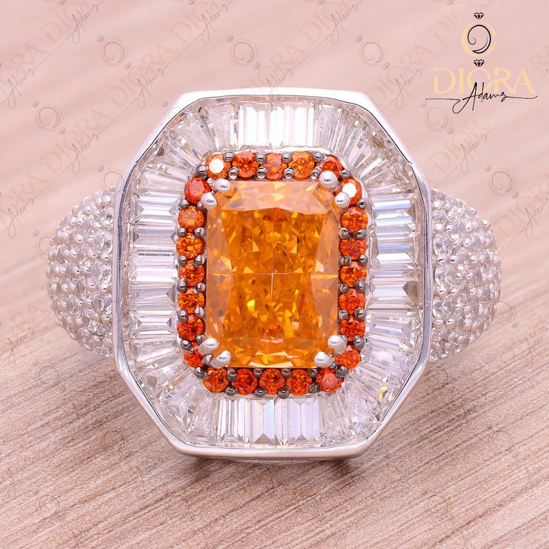 Emerald Cut Orange Stone 5.43ct Halo Baguette Engagement - Etsy