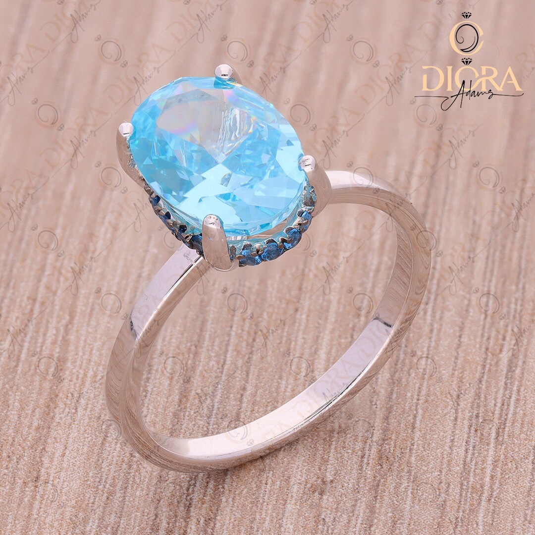 12x8mm Big Oval Cut Light Aqua Stone 6.03ct, Hidden Halo Setted With ...