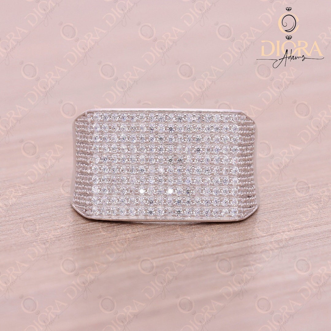 Pave Diamond Mens Engagement Ring • 925 Silver Mens Ring • Wide Shank ...