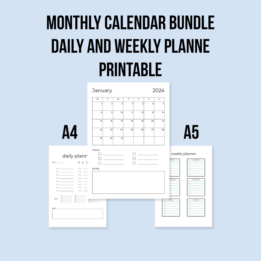 Printable Calendar 2024, Monthly Planner 2024, A4, A5, Monday Start ...